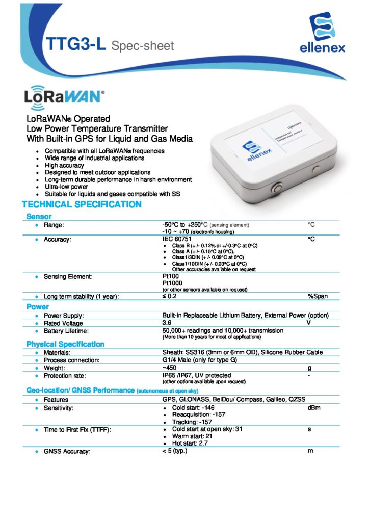 Ttg3 L Ellenex Lorawan Low Power Temperature Transmitter With Built In Gps For Liquid And Gas